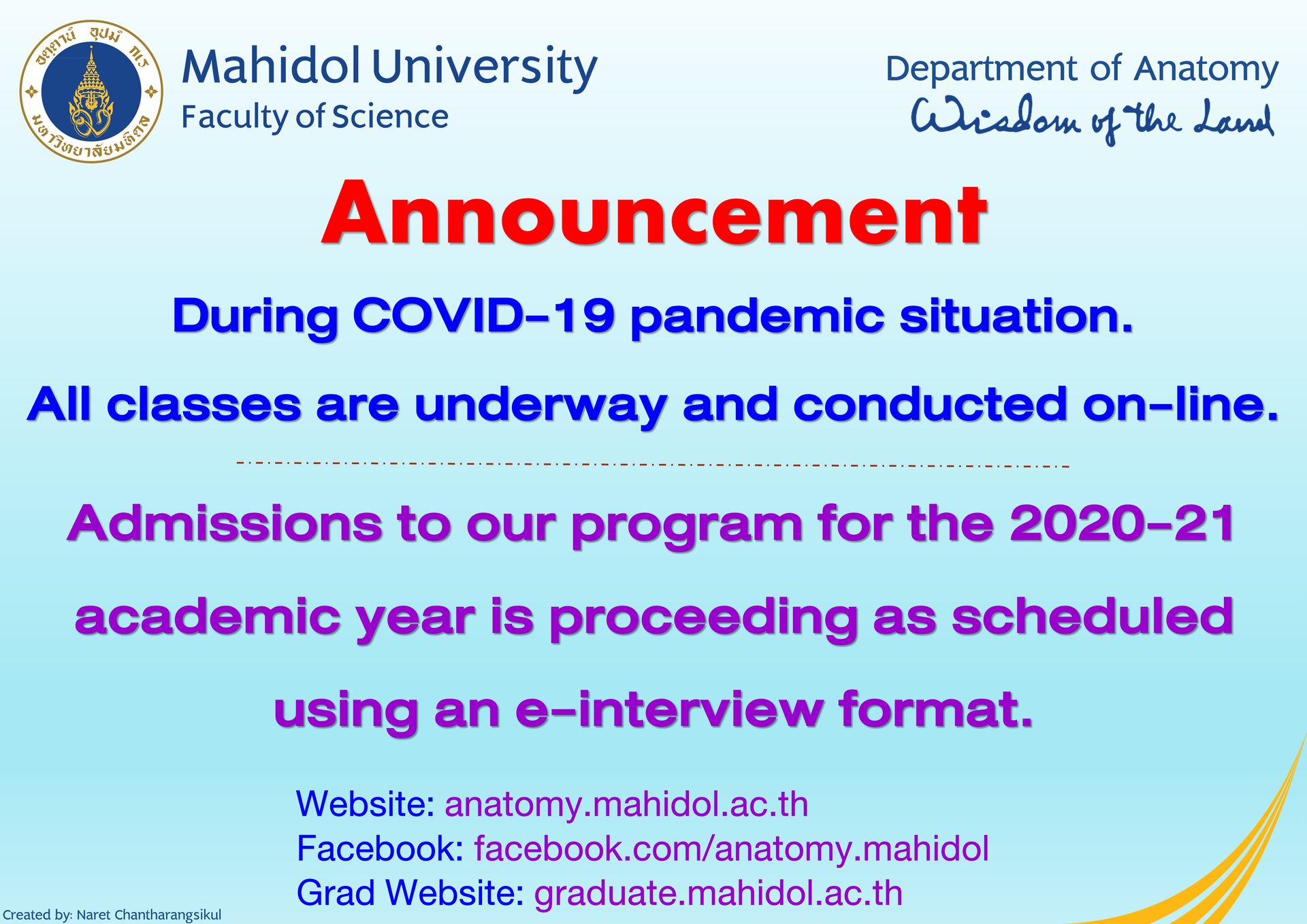 Announcement: During COVID-19 pandemic situation. All classes are ...